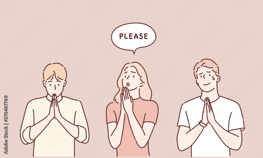 People begging and praying with hands together with hope expression on ...