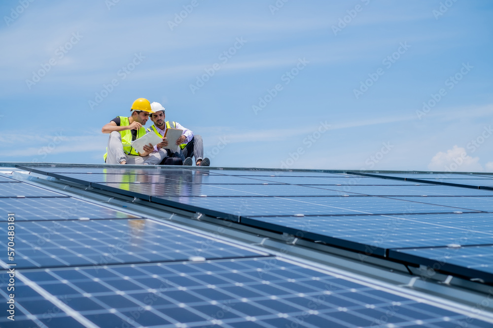 Installation check by two engineer of solar roof system, engineer ...