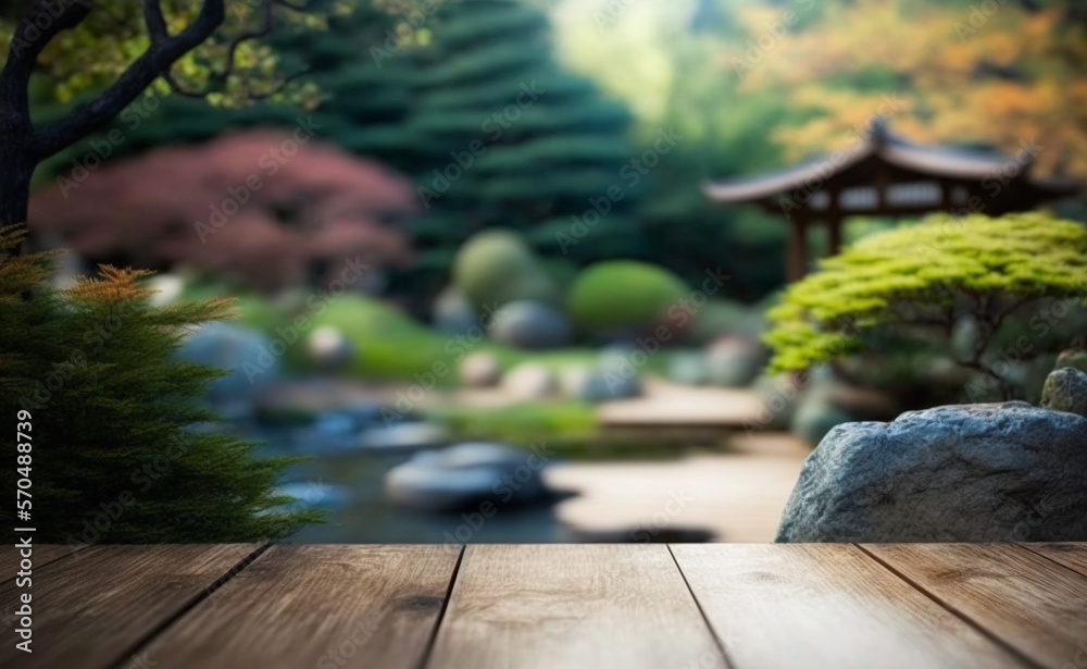 Wood table surface, blurred Japanese shrine garden nature background ...