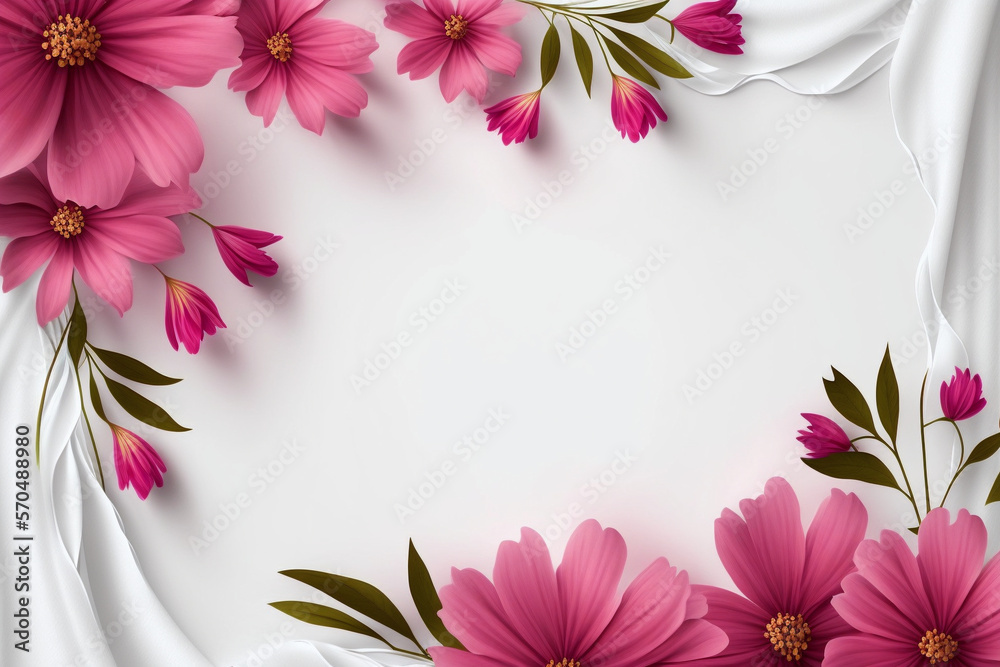 White silk satin fabric background, pink flower frame around border for ...