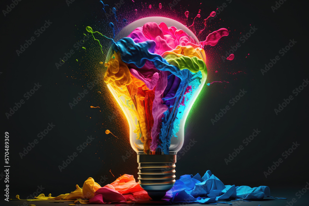 light bulb, filled with an explosion of vibrant, swirling colors. The ...