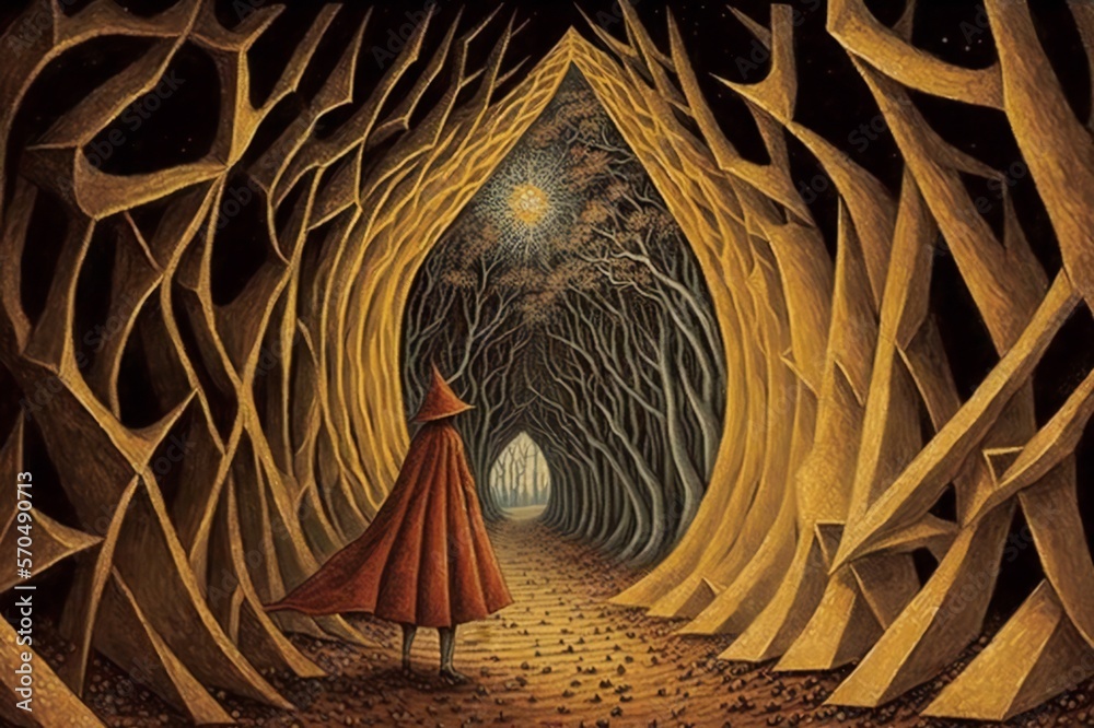 Fairytale Fantasy Image of a Wizard in a Red Cloak Traveling through a ...