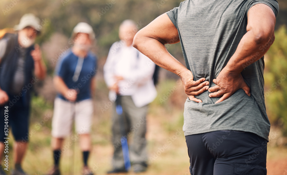 Man with back pain, exercise injury and outdoor hiking, spine and ...