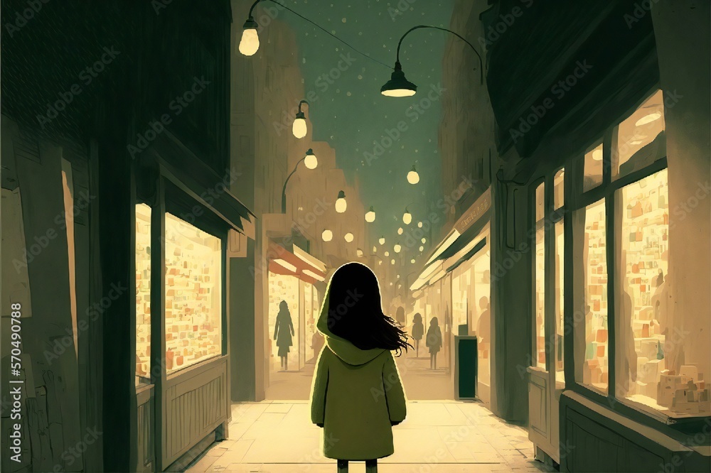 Storybook Illustration of a Girl on a Lamp Lit Shop Street at Night ...