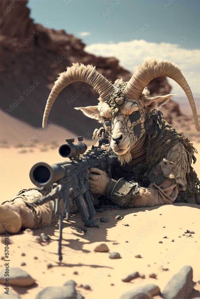 goat that is laying down with a rifle. generative ai. Stock ...