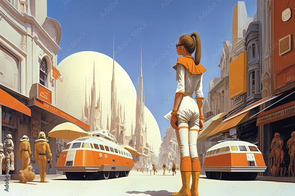 Retro Future 1960’s Style Image of a Woman on a Futuristic City Street ...