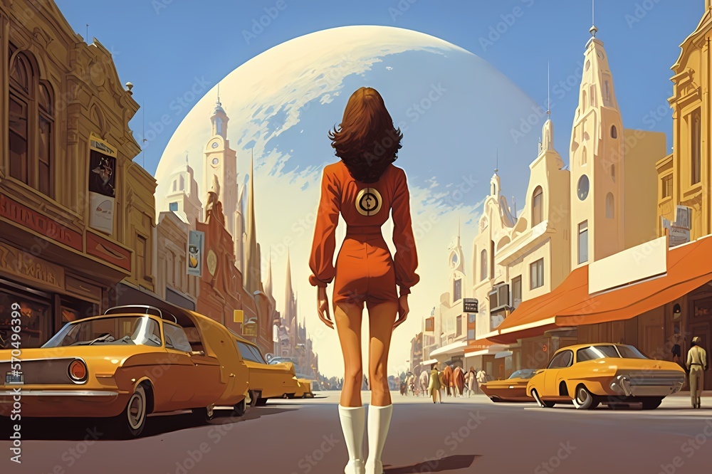 Retro Future 1960’s Style Image of a Woman on a Futuristic City Street ...