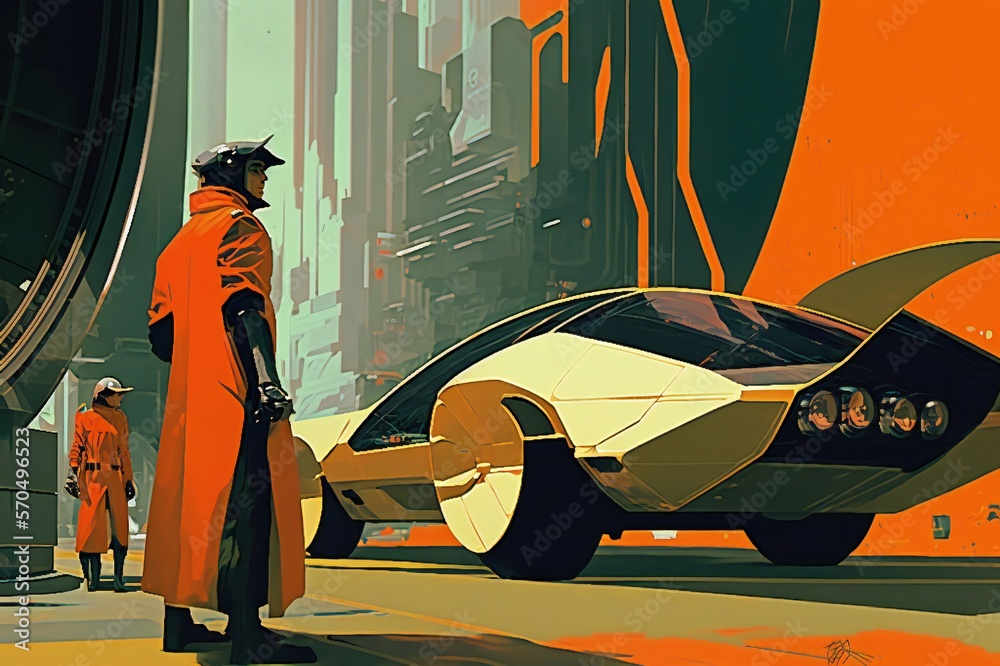Grungy Retro Future Cityscape with Dystopian Looking Official Officers ...