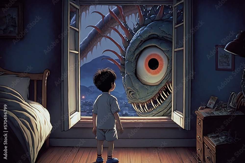 Anime Image of a Young Boy Looking through His Bedroom Window at a Huge ...
