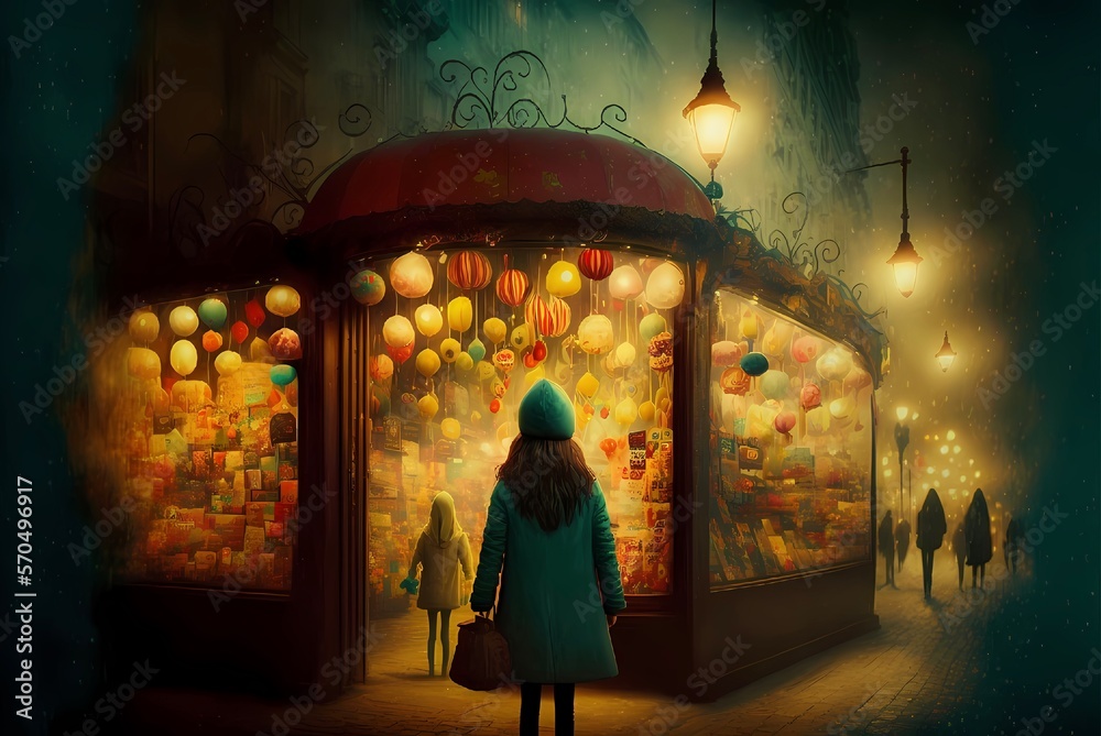 Horror Image of a Girl Approaching a Spooky Candy Shop on a Creepy ...