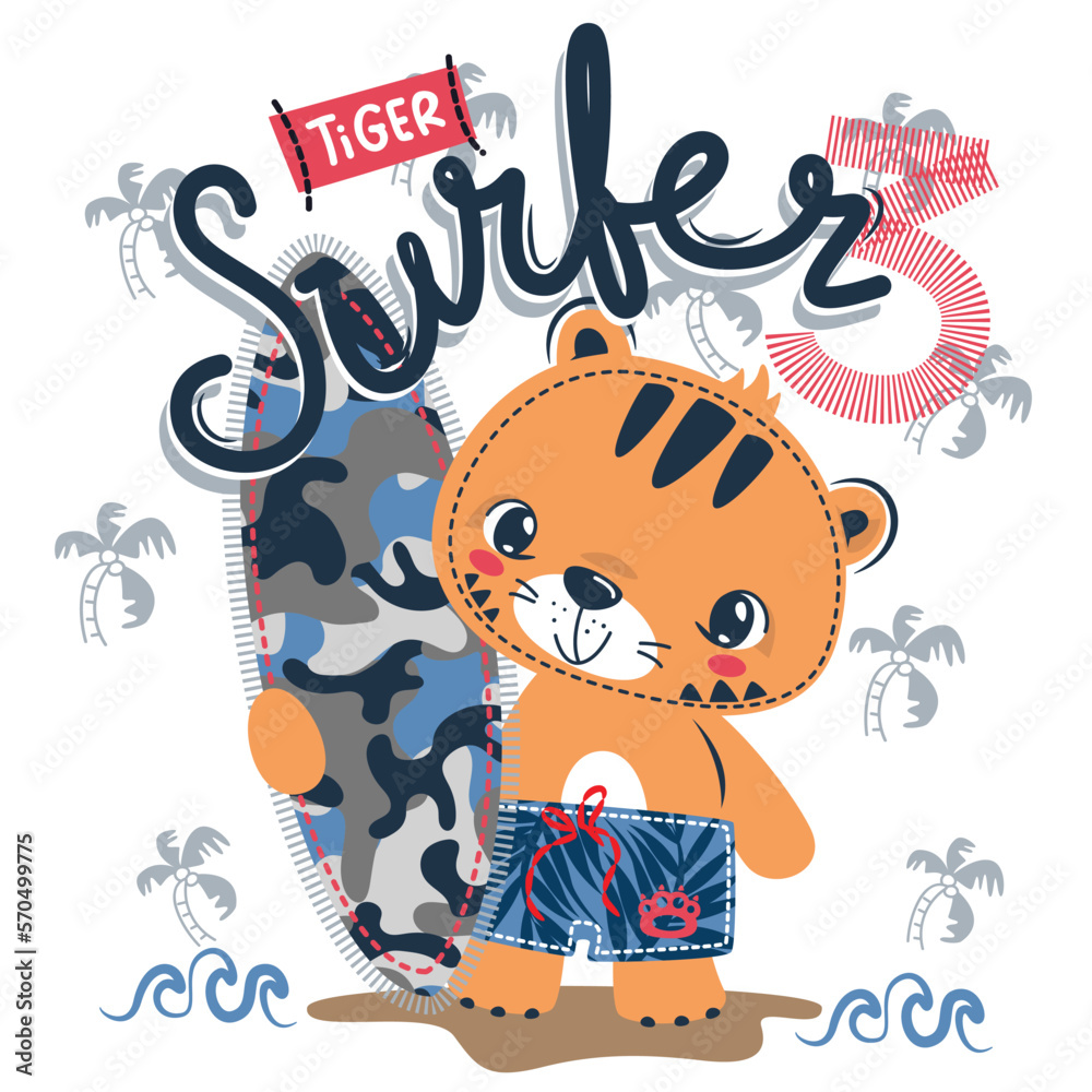 Happy cute tiger cartoon holding surfboard standing on the beach on ...