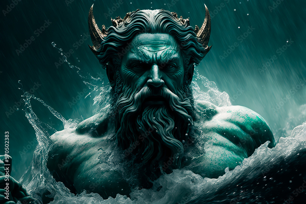 Portrait of Poseidon with glowing eyes and water drops on blue ...