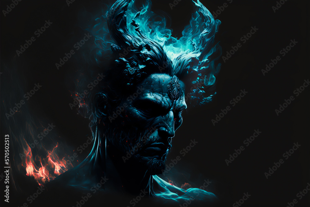 Portrait of Hades with glowing eyes surrounded by blue and red fire ...