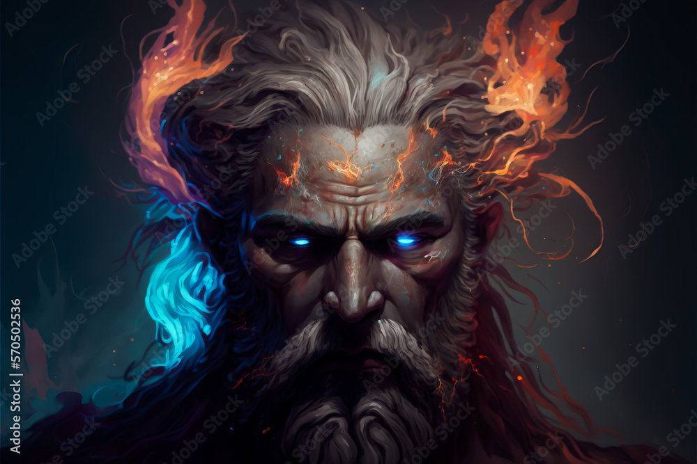 Portrait of Hades with glowing eyes surrounded by blue and red fire ...