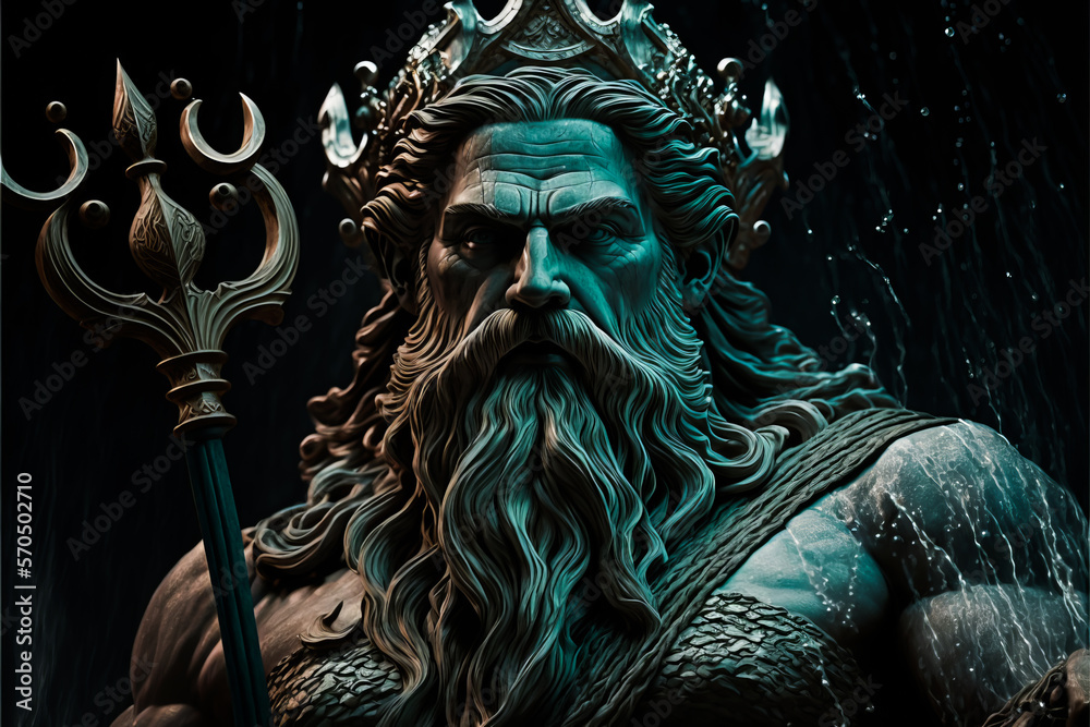 Portrait of Poseidon with glowing eyes and water drops on blue ...