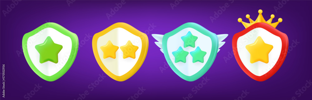 Different rank emblems with stars on shields. Game achievement badges ...