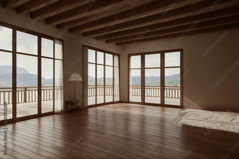 Open plan empty master bedroom with parquet floors, wooden beams ...