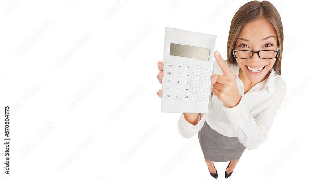 Accountant funny. Fun high angle perspective of an attractive gleeful ...