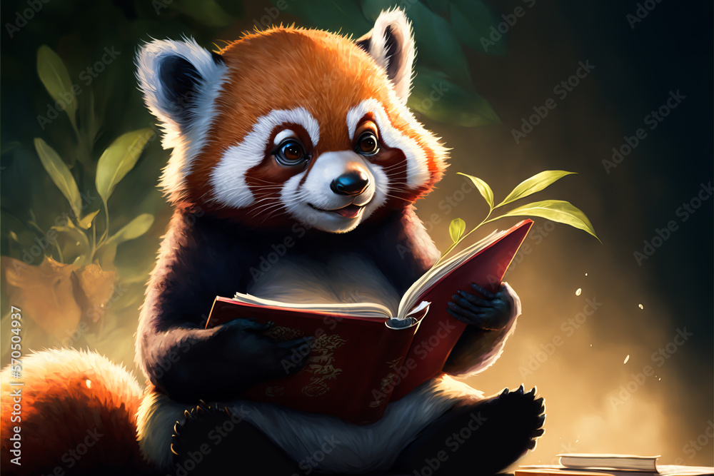Endangered Red Panda reading book in the green forest. Cute red panda ...