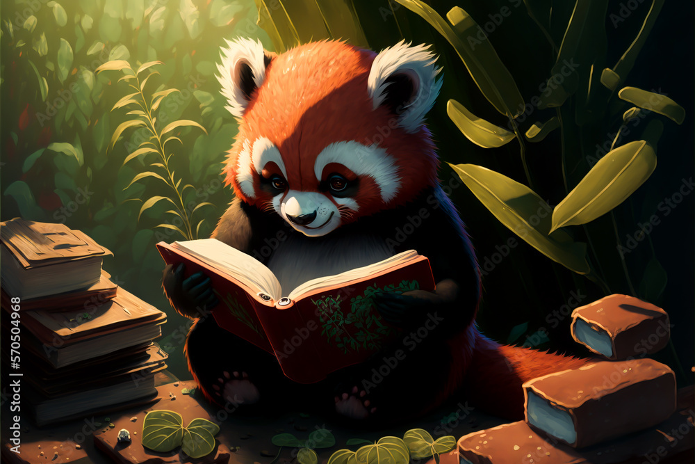 Endangered Red Panda reading book in the green forest. Cute red panda ...