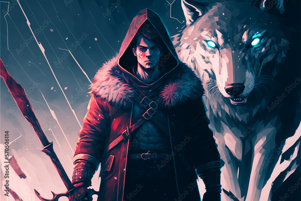 Warrior with sword with huge dire wolf in the dark forest, Generative ...