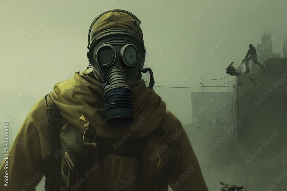 A digital illustration of a man in a gas mask, creating a unique visual ...