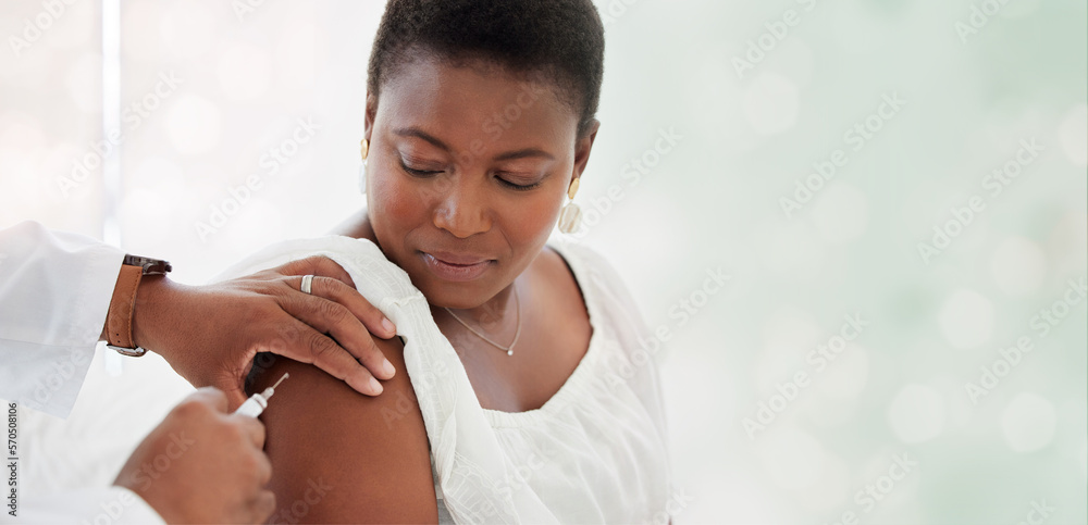 Black woman, covid vaccine injection and mockup space in hospital with ...