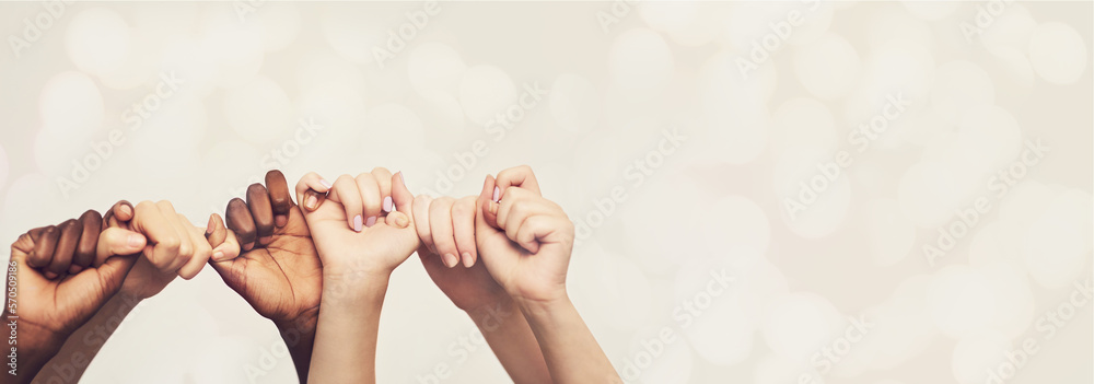 Hands, friends and holding hands with diversity and trust, pinky ...