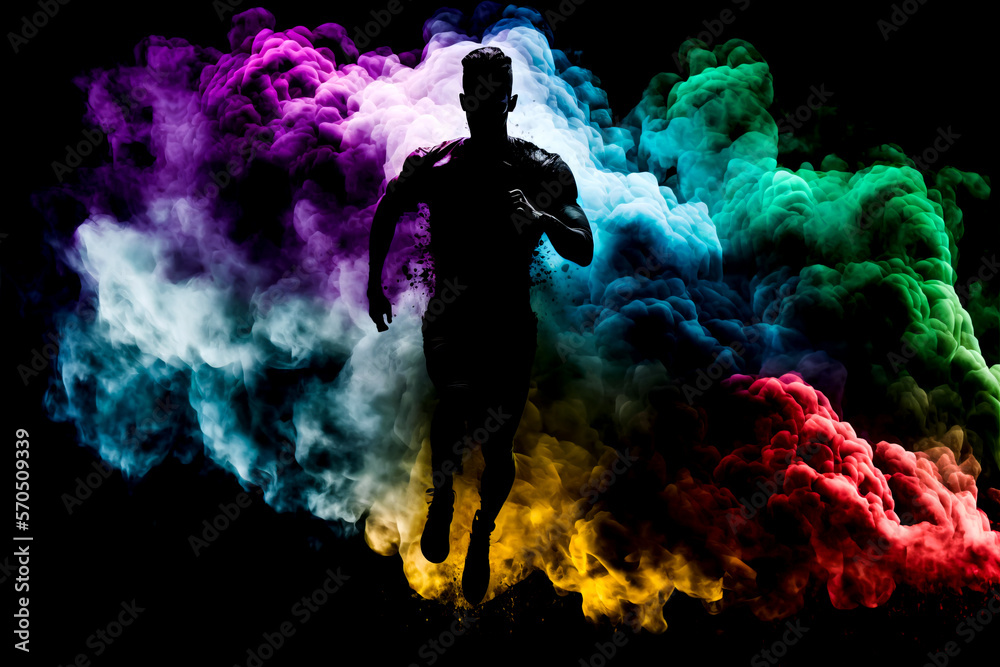 Male run in abstract multi color paint explosion on black background ...