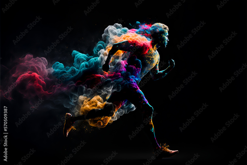 Male run in abstract multi color paint explosion on black background ...