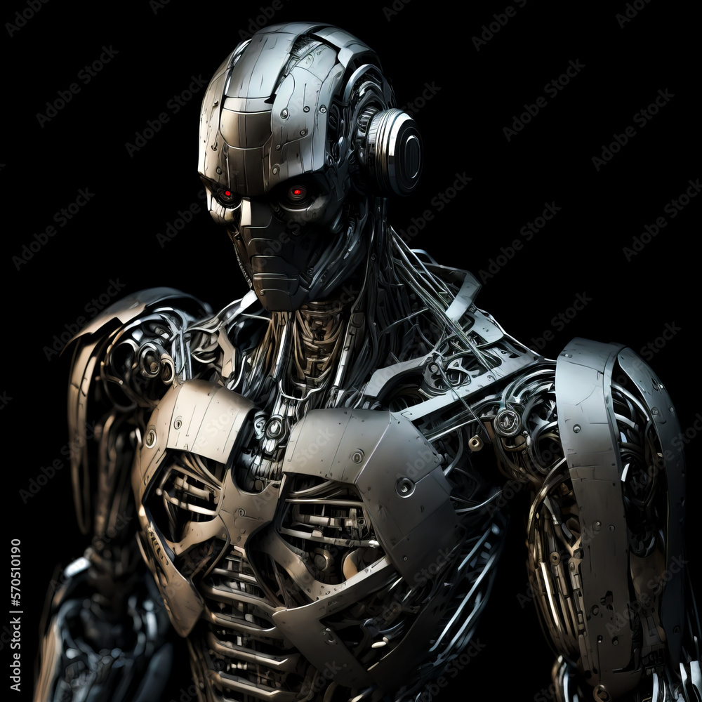 Cyber human robot with neon glowing parts on black background ...