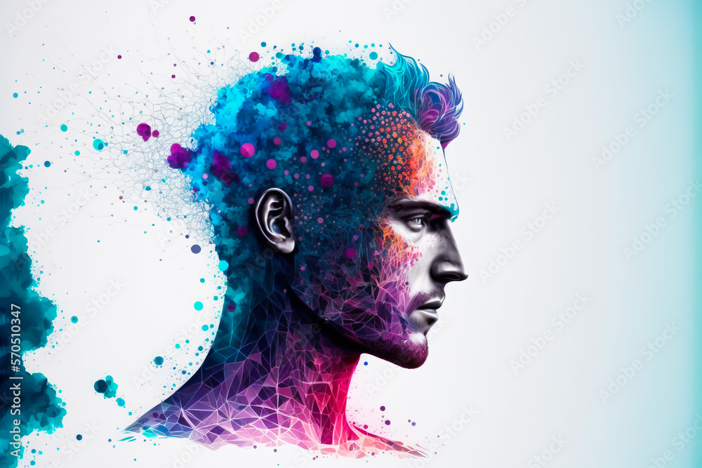 Digital human. New era human concept. Cyber male portrait. Male face ...