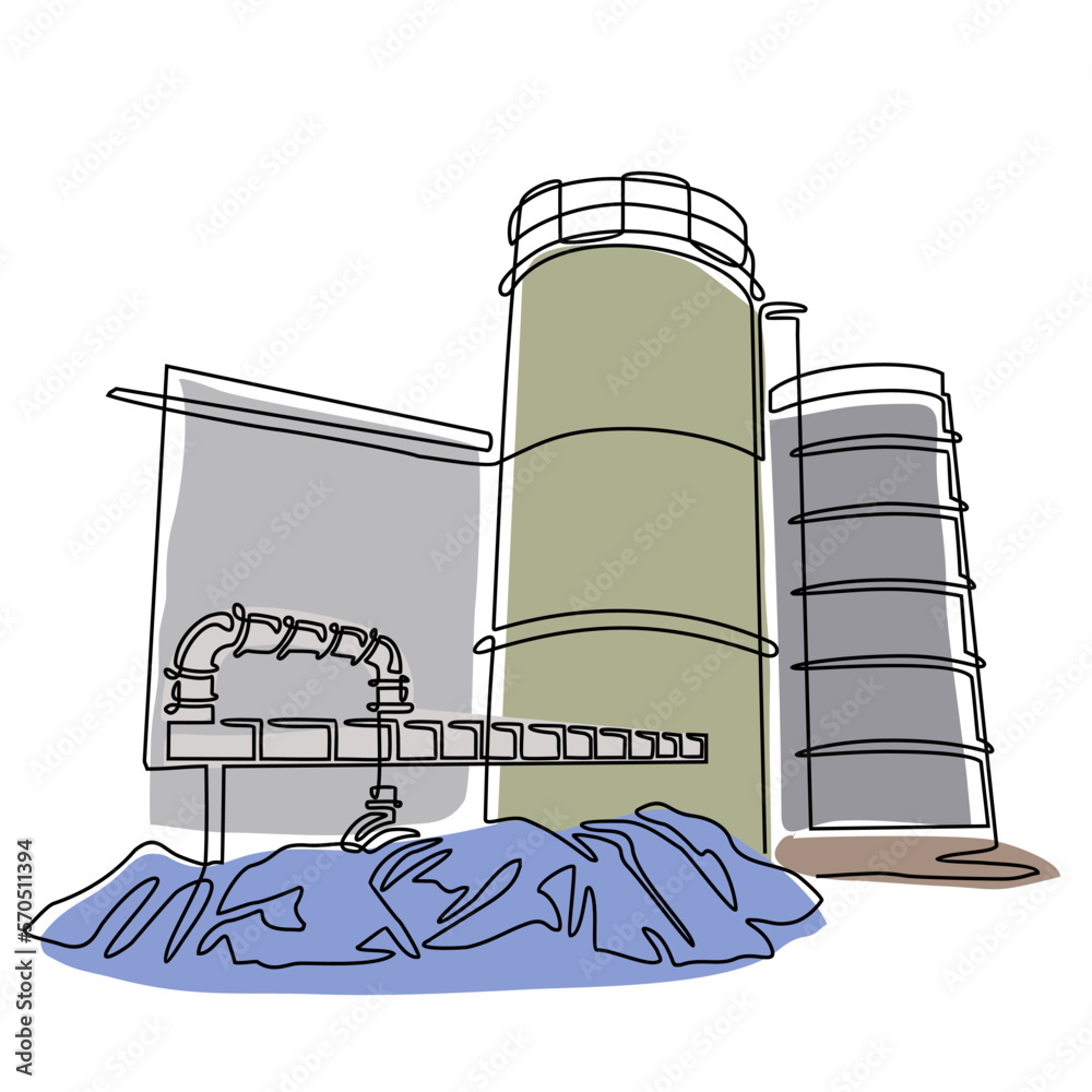 water tank at industrial power plant in continuous line art drawing ...