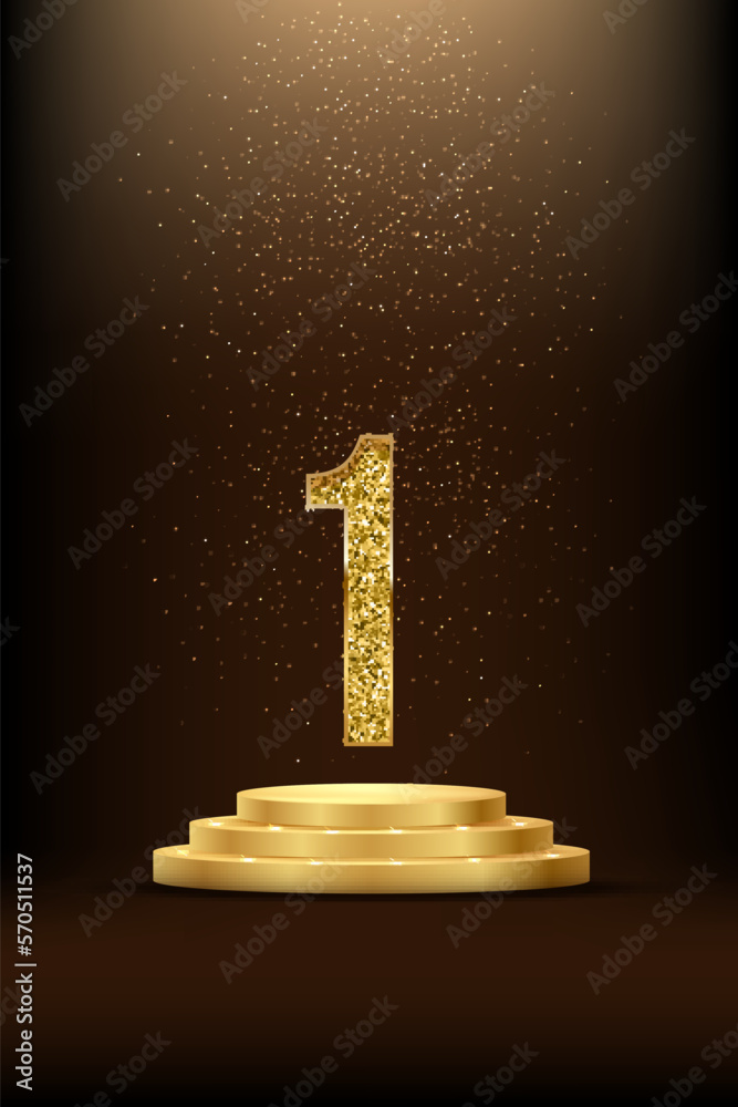 Winners podium with golden number one with glitter light effect vector ...