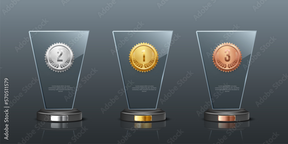 Glass awards realistic vector illustration. Crystal prizes with golden ...