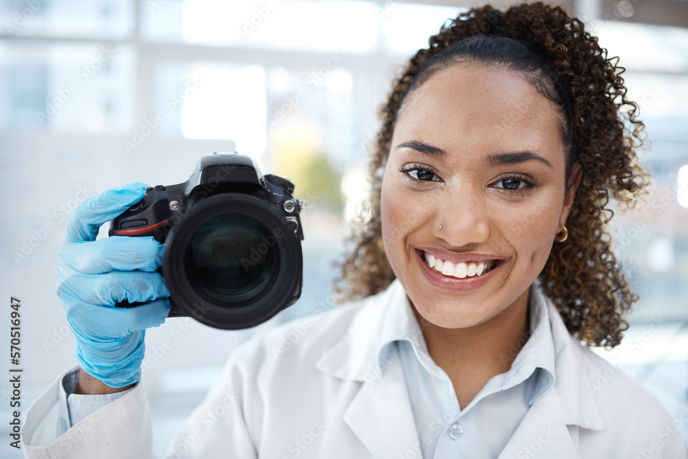 Camera, photography and portrait of black woman in forensics laboratory ...