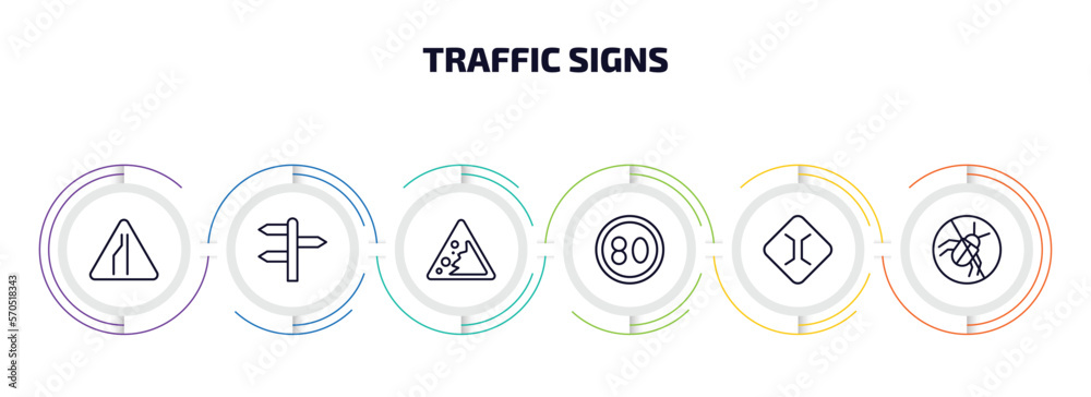 traffic signs infographic element with outline icons and 6 step or ...