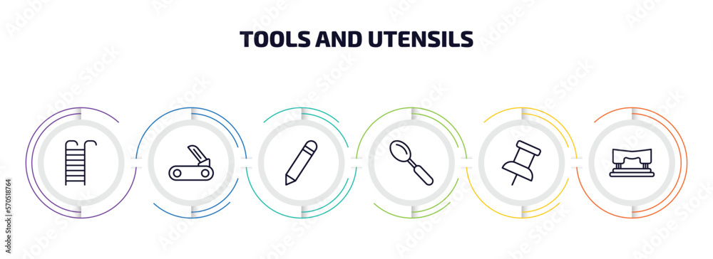 Vetor de tools and utensils infographic element with outline icons and ...