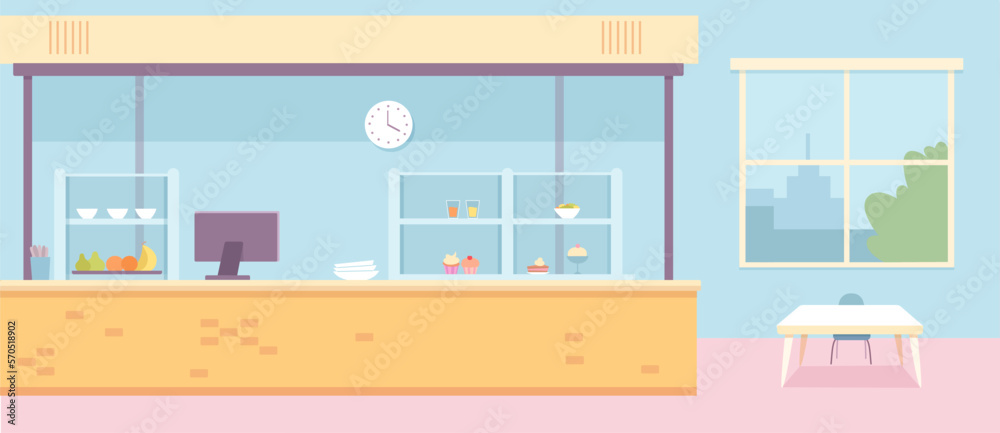 Vetor de School canteen interior, empty school cafeteria or foodcourt ...