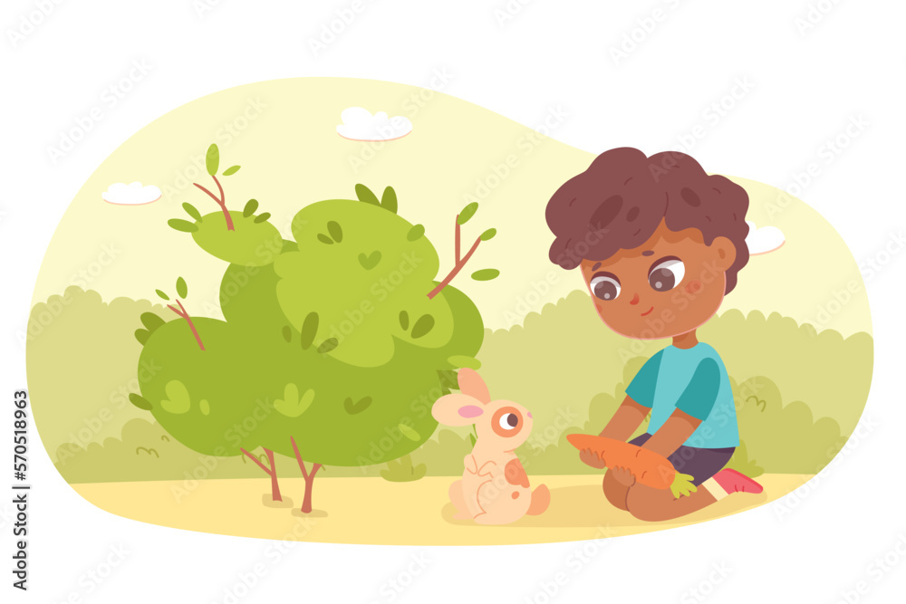 Boy giving carrot to rabbit in park vector illustration. Cartoon kid ...