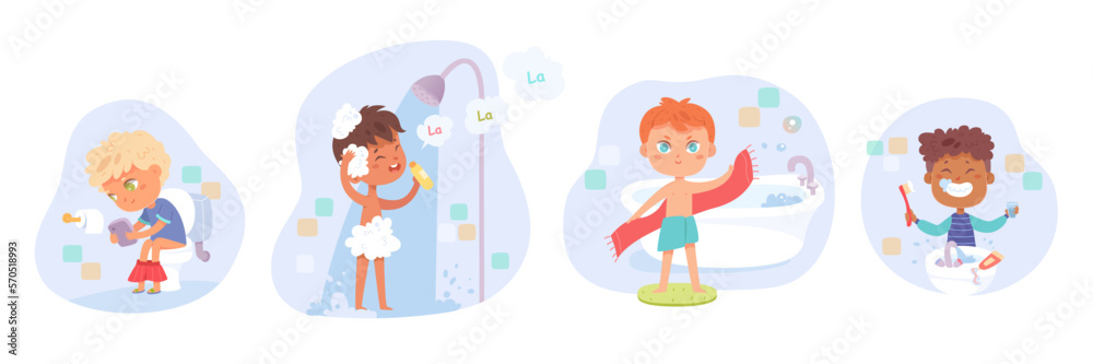 Daily hygiene of boys set vector illustration. Cartoon cute little kids ...