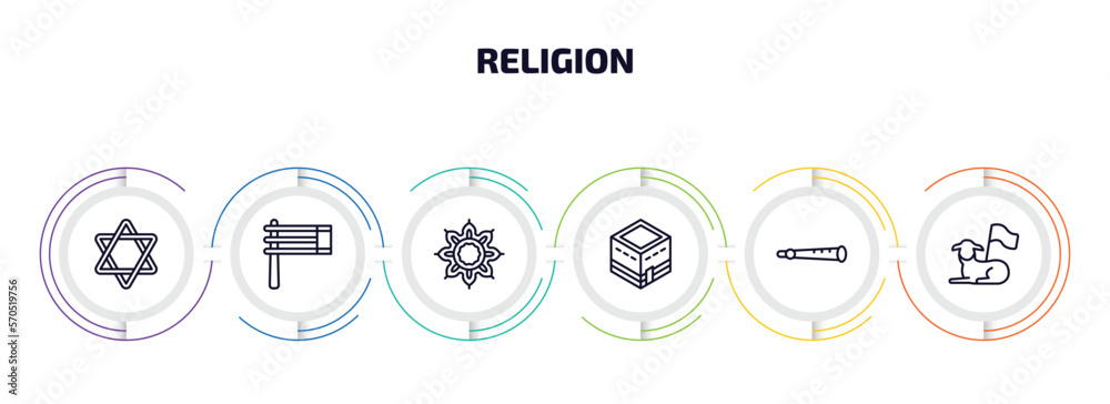 religion infographic element with outline icons and 6 step or option ...