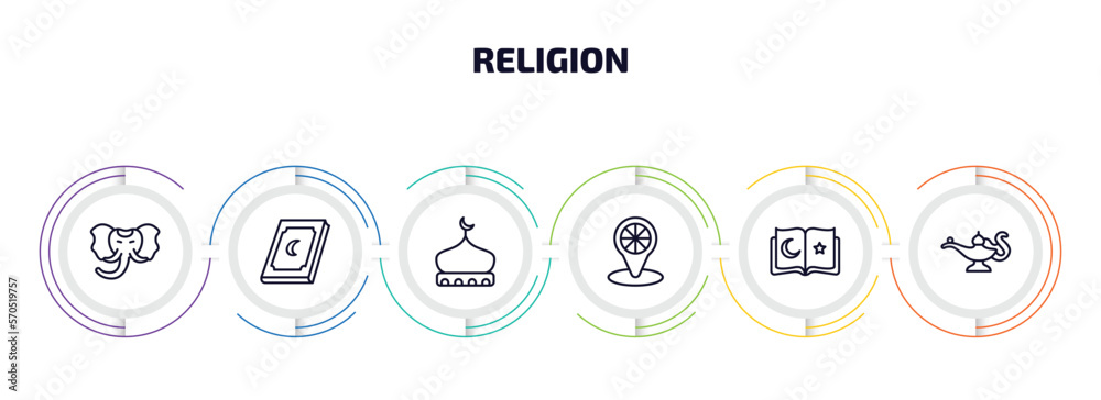 religion infographic element with outline icons and 6 step or option ...