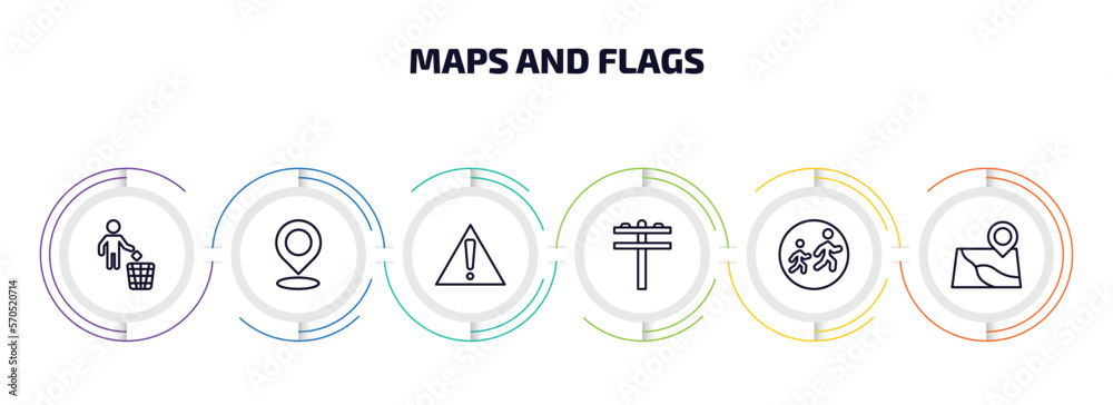 maps and flags infographic element with outline icons and 6 step or ...