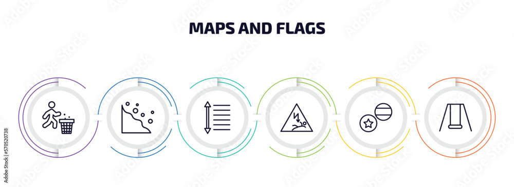 maps and flags infographic element with outline icons and 6 step or ...