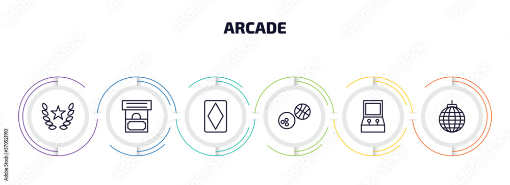 arcade infographic element with outline icons and 6 step or option ...