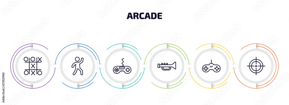 arcade infographic element with outline icons and 6 step or option ...
