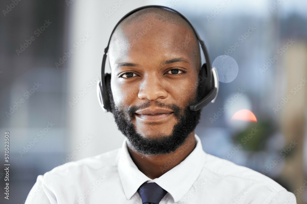 Customer support consulting, face portrait and black man telemarketing on contact us call center ...