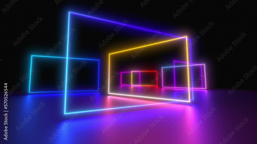 Abstract animation of bright glowing multi-coloured rectangular frames ...