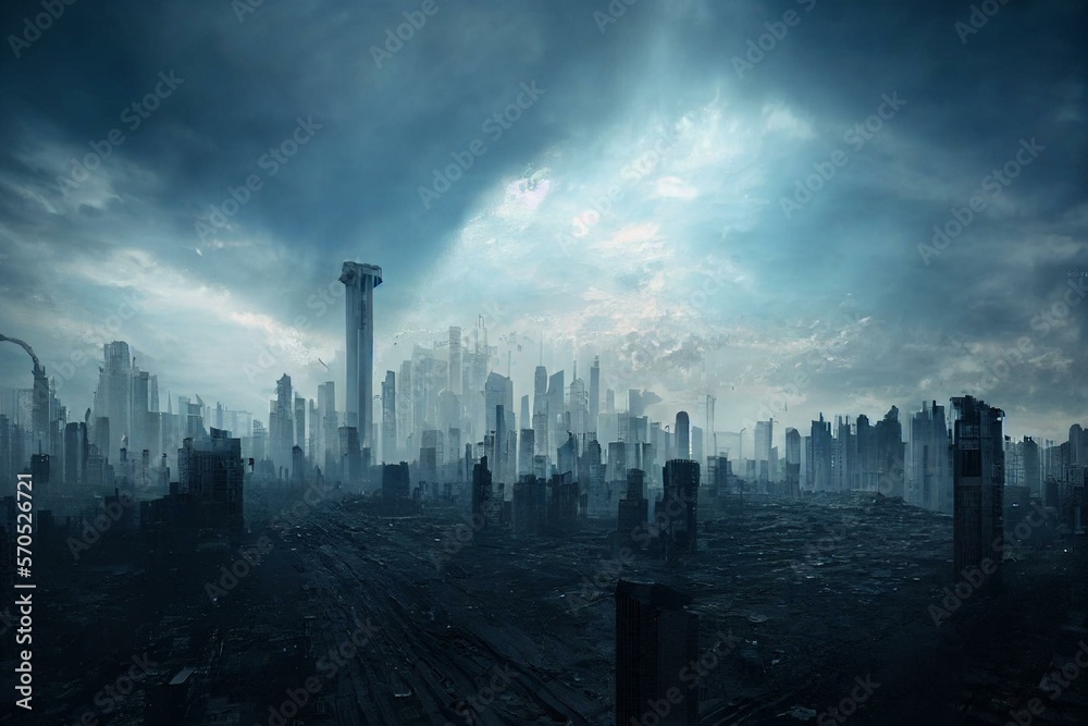 post-apocalyptic skyline, ruined skyscrapers, tall overgrown buildings ...